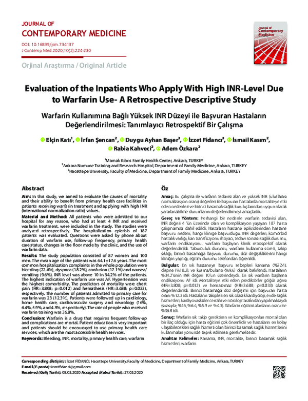 (PDF) Evaluation Of The Inpatients Who Apply With High INR-Level Due To ...