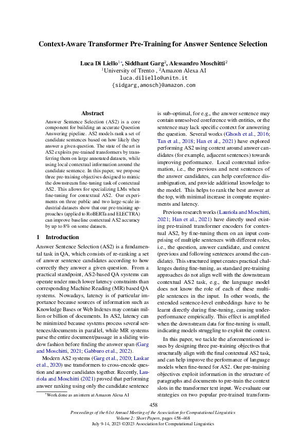 (PDF) Context-Aware Transformer Pre-Training for Answer Sentence Selection