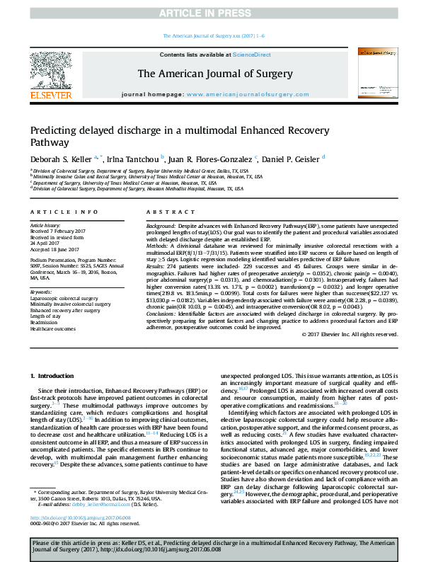 (PDF) Predicting delayed discharge in a multimodal Enhanced Recovery ...