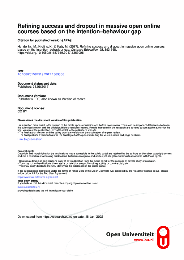 (PDF) Refining success and dropout in massive open online courses based on the intention ...