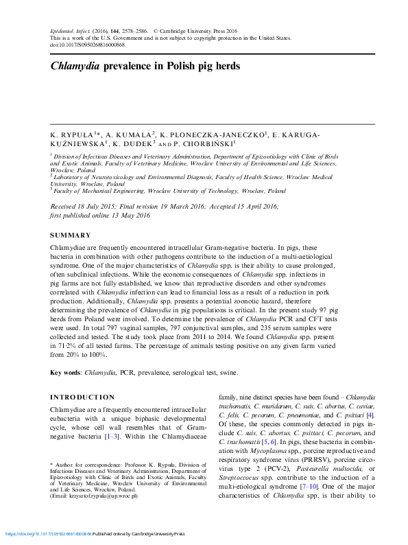 (PDF) Chlamydia prevalence in Polish pig herds