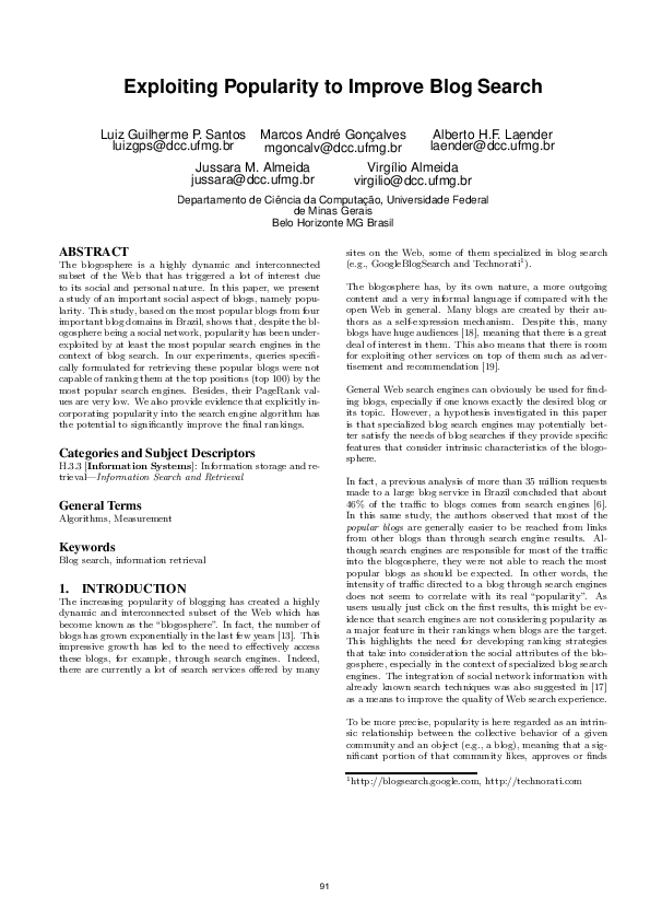 (PDF) Exploiting Popularity to Improve Blog Search