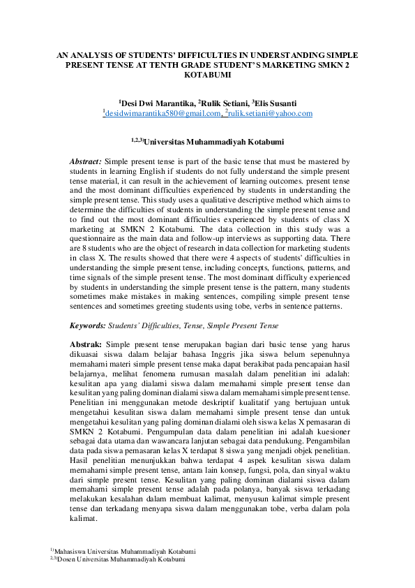 (PDF) An Analysis of Students’ Difficulties in Understanding Simple Present Tense at Tenth Grade ...