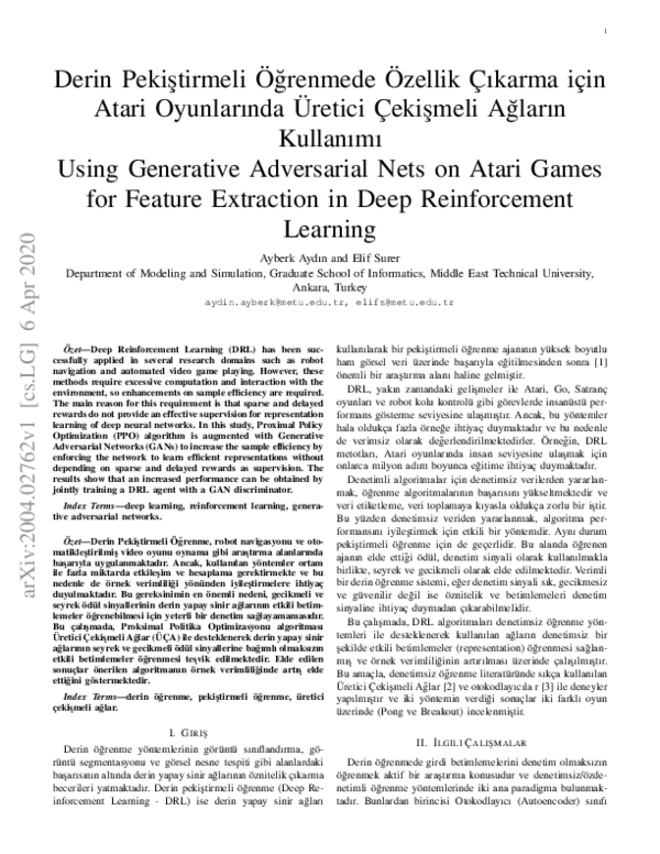 (PDF) Using Generative Adversarial Nets on Atari Games for Feature Extraction in Deep ...