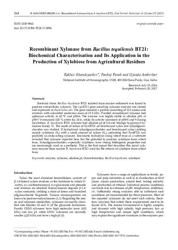 Pdf Recombinant Xylanase From Bacillus Tequilensis Bt21 Biochemical
