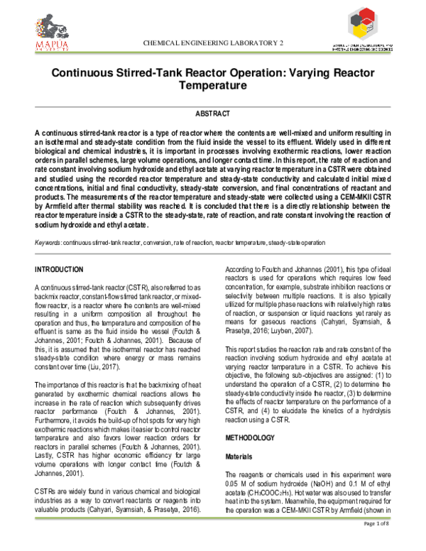 (PDF) Continuous Stirred-Tank Reactor Operation: Varying Reactor Temperature