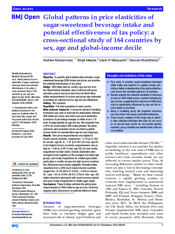 (PDF) Global patterns in price elasticities of sugar-sweetened beverage ...