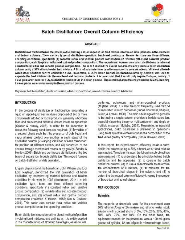 (PDF) Batch Distillation: Overall Column Efficiency