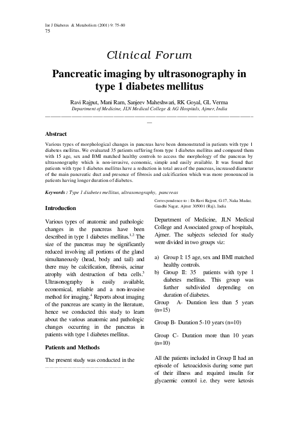 (PDF) Pancreatic imaging by ultrasonography in type 1 diabetes mellitus