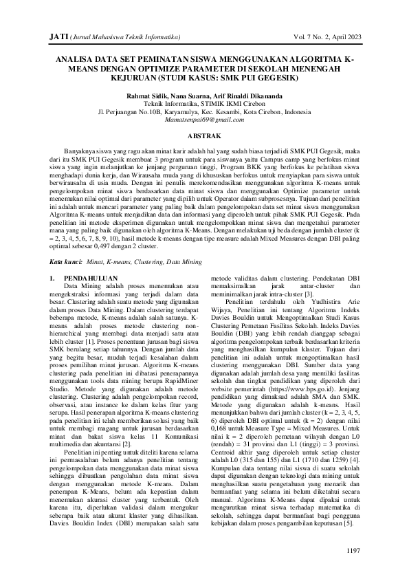 (PDF) Analisa Data Set Peminatan Siswa Menggunakan Algoritma K-Means ...