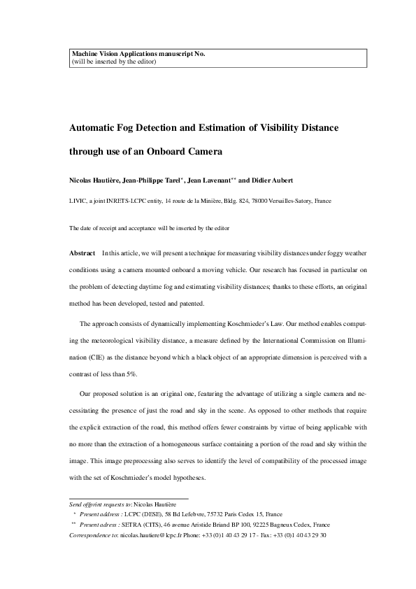 Pdf Automatic Fog Detection And Estimation Of Visibility Distance Through Use Of An Onboard Camera