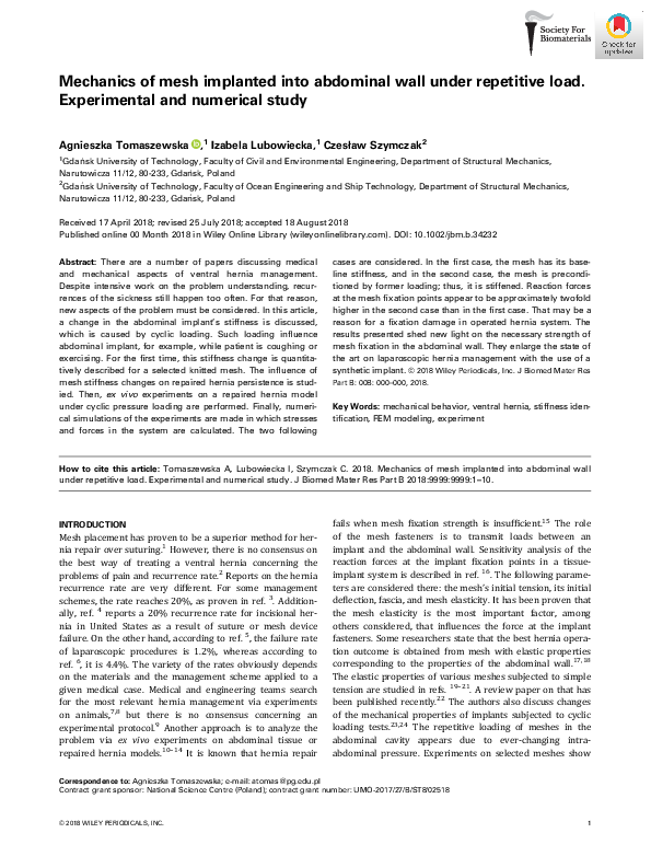 (PDF) Mechanics of mesh implanted into abdominal wall under repetitive ...