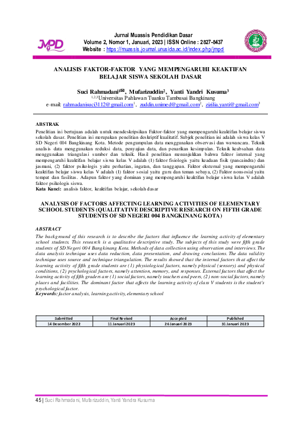 (PDF) Analisis Faktor-Faktor Yang Mempengaruhi Keaktifan Belajar Siswa Sekolah Dasar