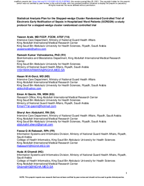 Pdf Statistical Analysis Plan For The Stepped Wedge Cluster Randomized Controlled Trial Of