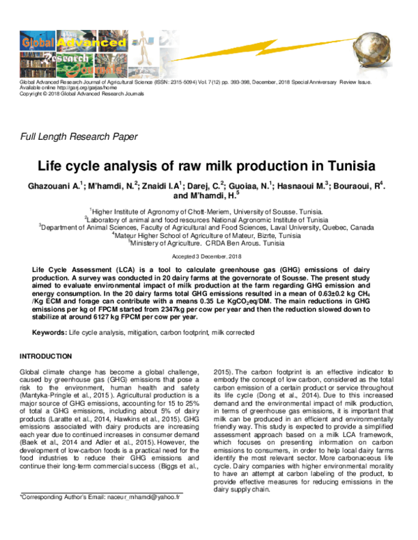 (PDF) Life cycle analysis of raw milk production in Tunisia