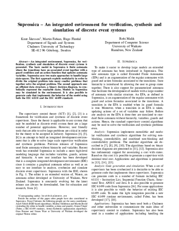 (PDF) Supremica - An integrated environment for verification, synthesis and simulation of ...