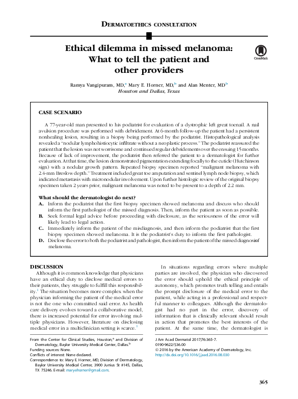 (PDF) Ethical dilemma in missed melanoma: What to tell the patient and ...