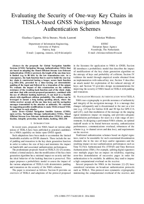 (PDF) Evaluating the security of one-way key chains in TESLA-based GNSS ...