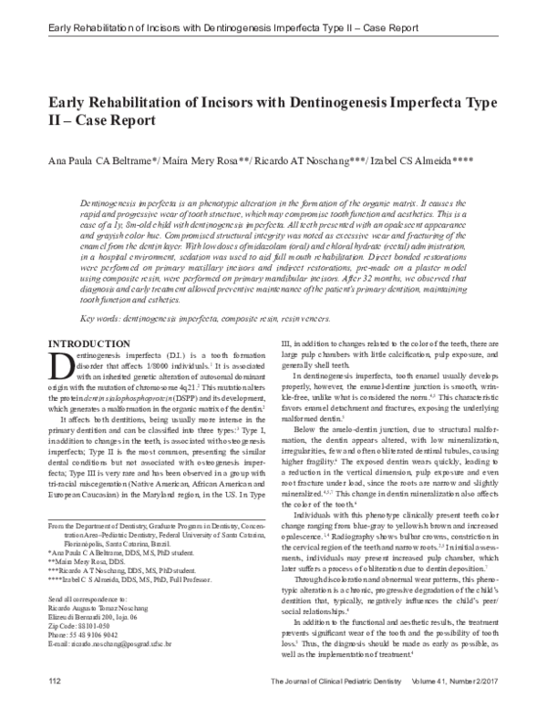 (PDF) Early Rehabilitation of Incisors with Dentinogenesis Imperfecta Type II – Case Report ...