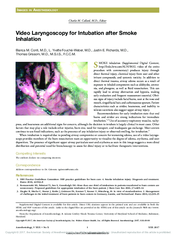 (PDF) Video Laryngoscopy for Intubation after Smoke Inhalation
