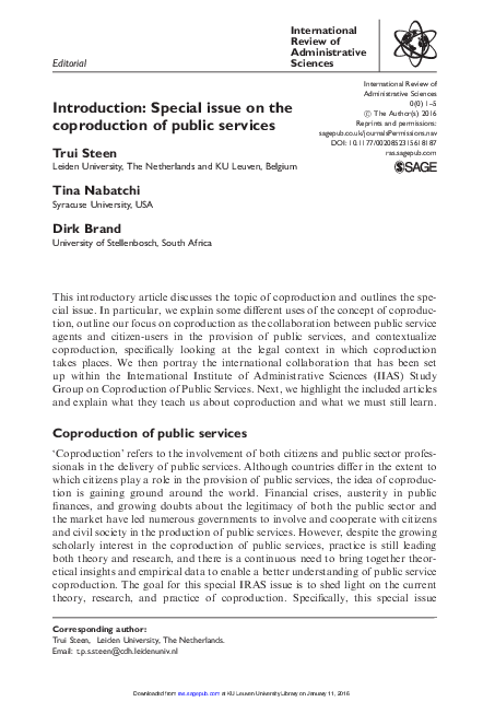 (PDF) Introduction: Special issue on the coproduction of public services