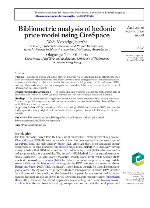 (PDF) Bibliometric analysis of hedonic price model using CiteSpace