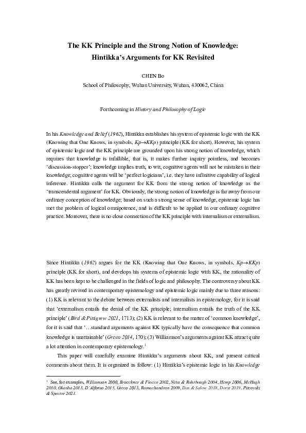 (PDF) The KK Principle and the Strong Notion of Knowledge: Hintikka's Arguments for KK Revisited