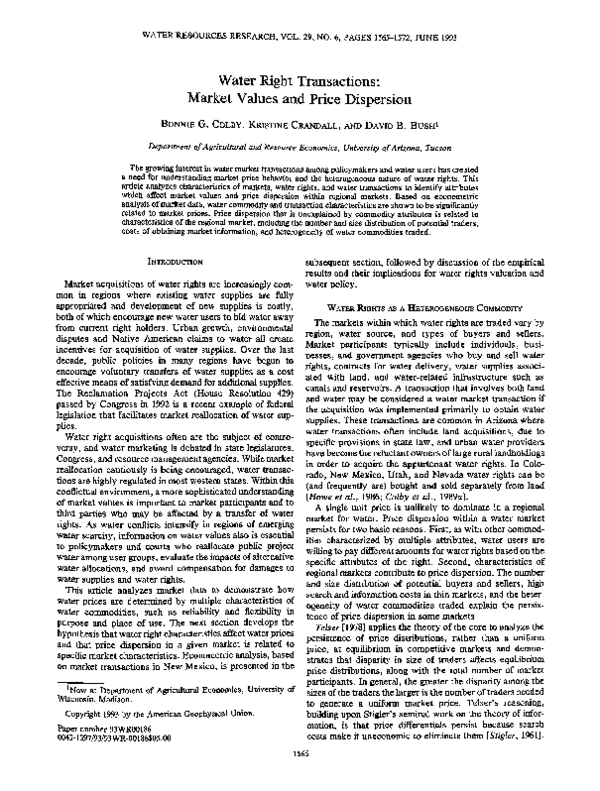 (PDF) Water right transactions: Market values and price dispersion