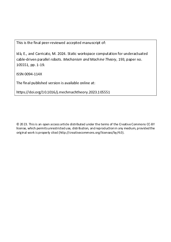 Pdf Static Workspace Computation For Underactuated Cable Driven Parallel Robots