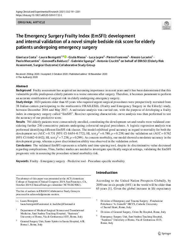 (PDF) The Emergency Surgery Frailty Index (EmSFI): development and ...