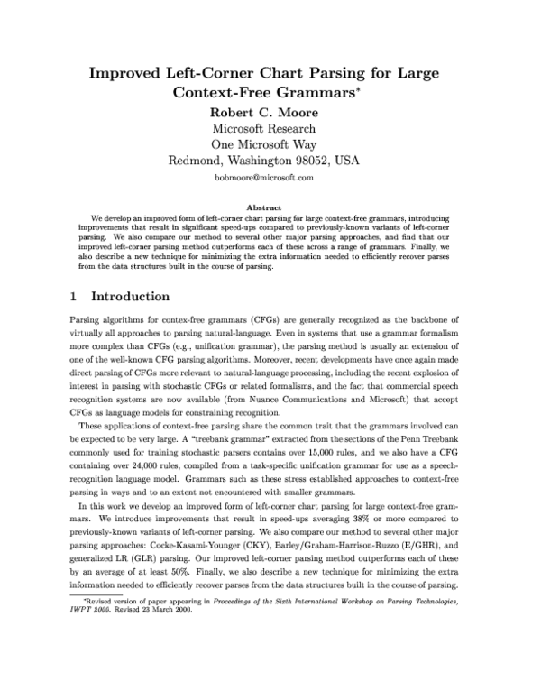 (PDF) Improved Left-Corner Chart Parsing for Large Context-Free Grammars | Bob Moore - Academia.edu