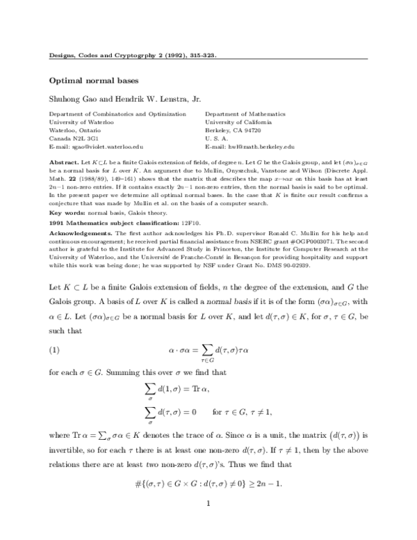 (PDF) Optimal normal bases