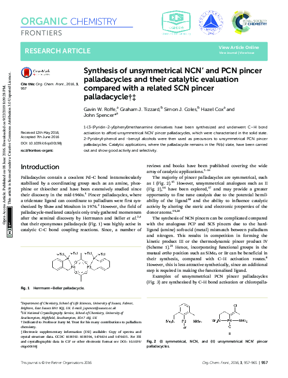 (PDF) Synthesis of unsymmetrical NCN′ and PCN pincer palladacycles and their catalytic ...