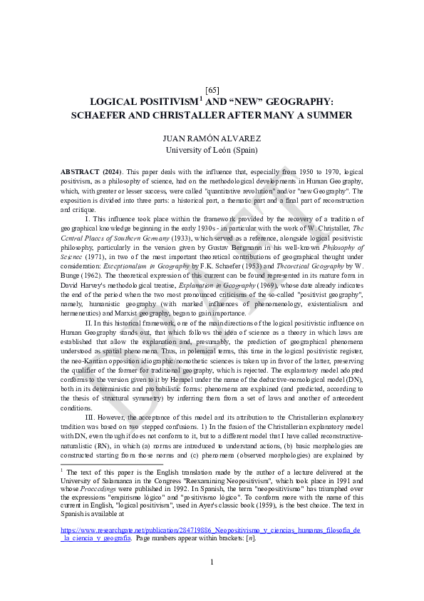 (PDF) LOGICAL POSITIVISM 1 AND "NEW" GEOGRAPHY: SCHAEFER AND CHRISTALLER AFTER MANY A SUMMER