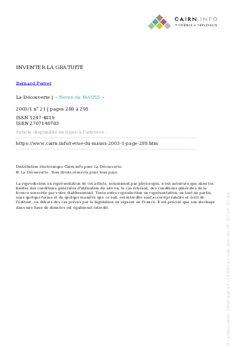 (PDF) Inventer la gratuité