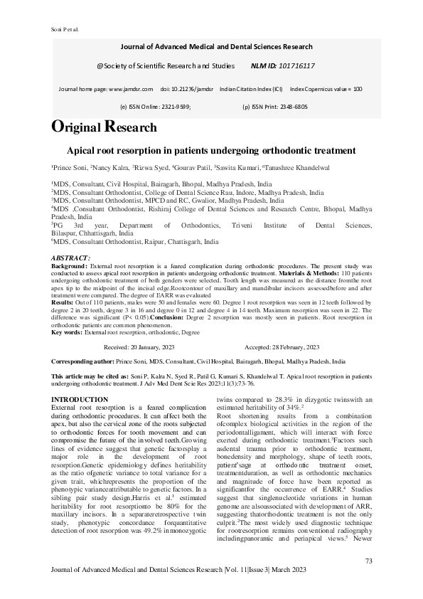 (PDF) Apical root resorption in patients undergoing orthodontic treatment
