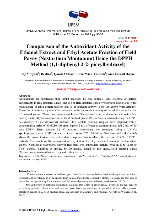 Pdf Comparison Of The Antioxidant Activity Of The Ethanol Extract And