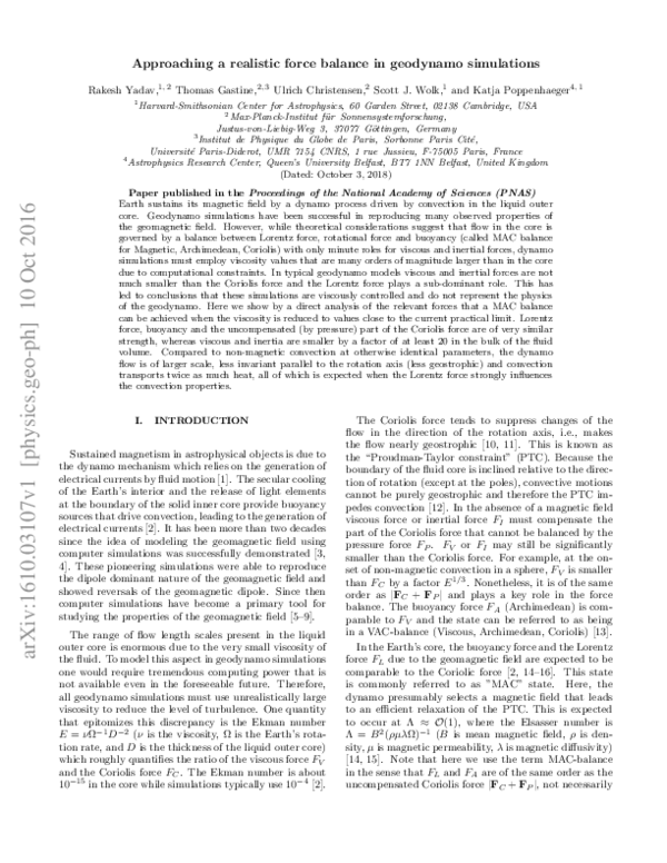 (PDF) Approaching a realistic force balance in geodynamo simulations
