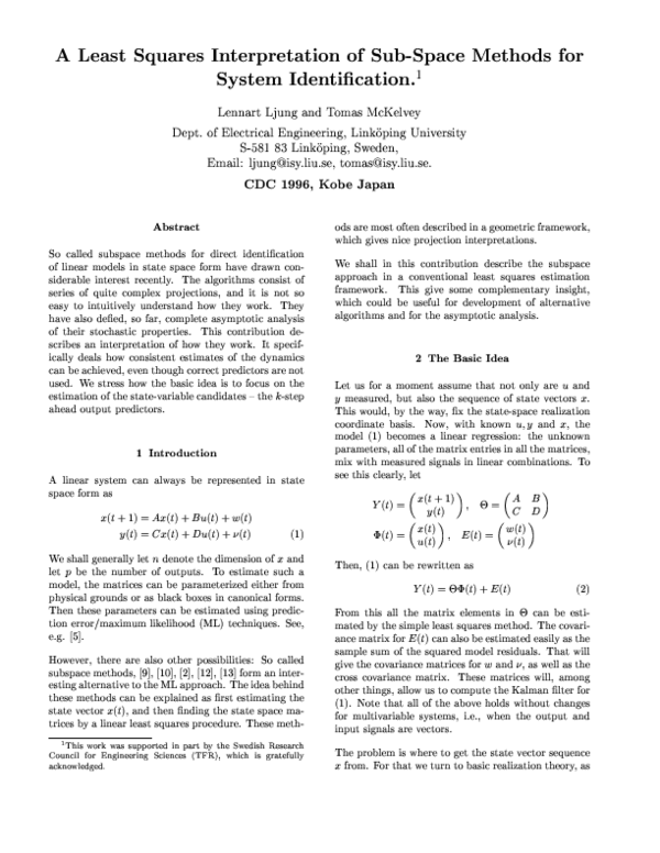 Pdf A Least Squares Interpretation Of Sub Space Methods For System Identification