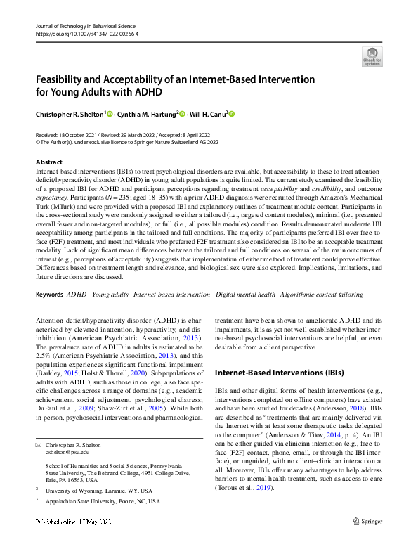 (PDF) Feasibility and Acceptability of an Internet-Based Intervention for Young Adults with ADHD