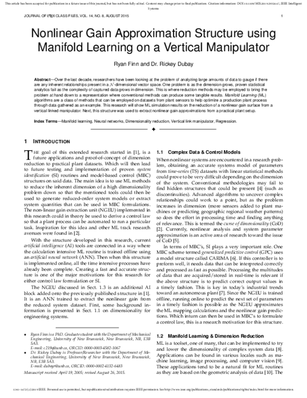 (PDF) Nonlinear Gain Approximation Structure Using Manifold Learning on a Vertical Manipulator