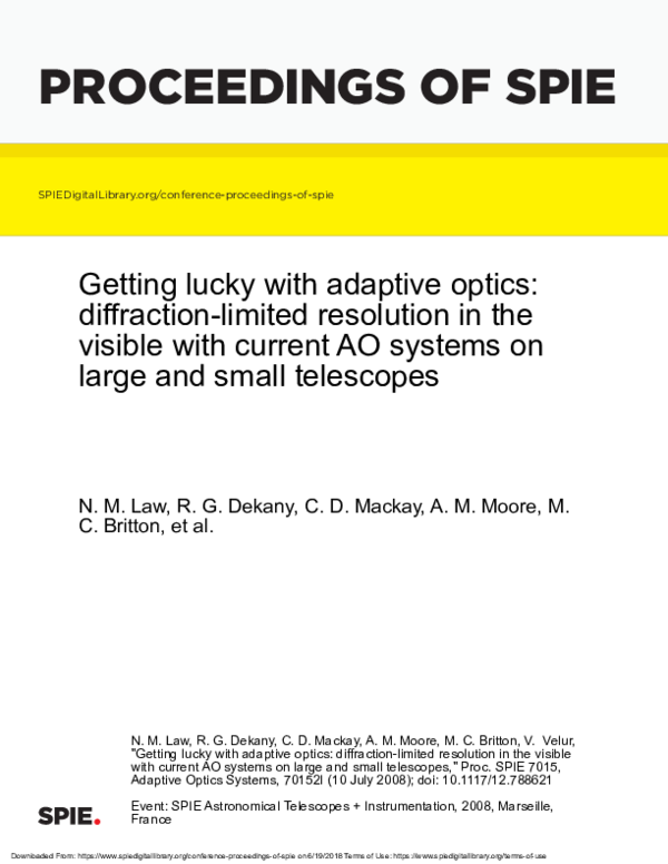 (PDF) Getting lucky with adaptive optics: diffraction-limited resolution in the visible with ...