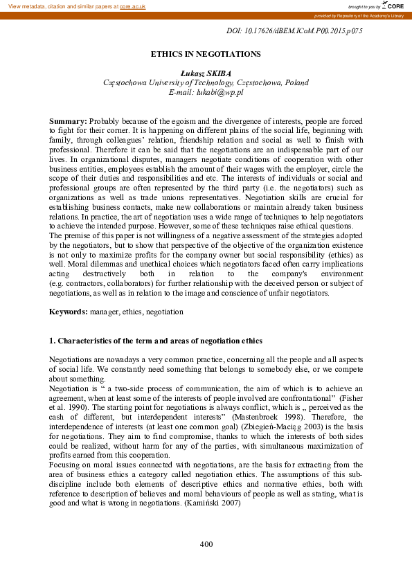 (PDF) Ethics in negotiations