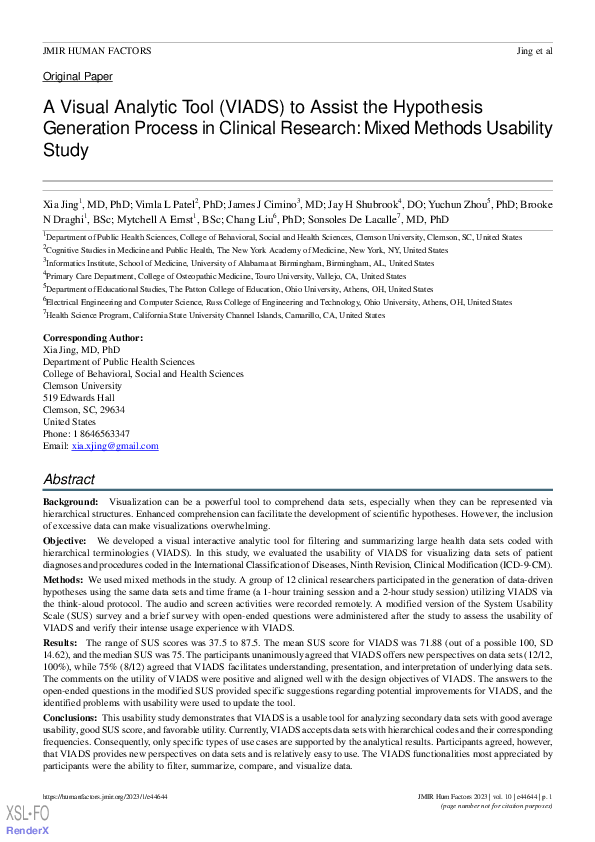 (PDF) A Visual Analytic Tool (VIADS) to Assist the Hypothesis Generation Process in Clinical ...