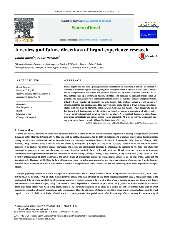 (PDF) A review and future directions of brand experience research