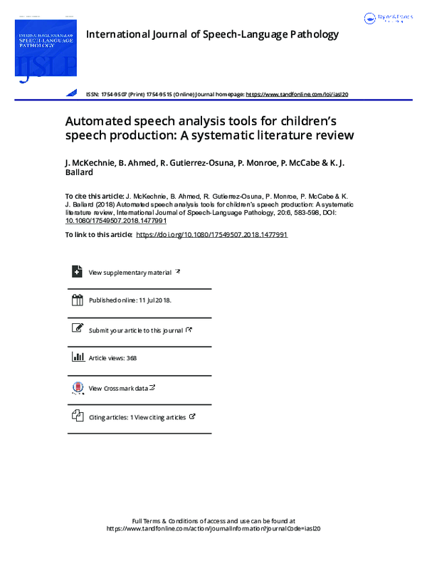 (PDF) Automated speech analysis tools for children’s speech production: A systematic literature ...