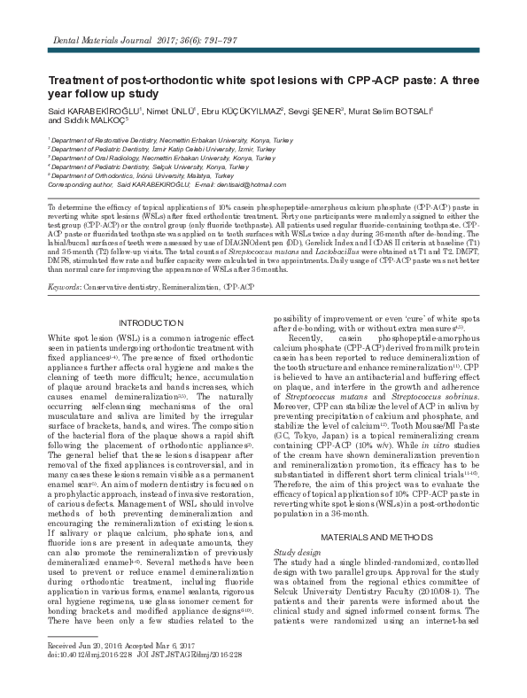 (PDF) Treatment of post-orthodontic white spot lesions with CPP-ACP paste: A three year follow ...