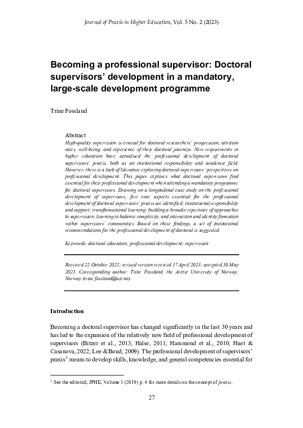 (PDF) Becoming a professional supervisor: Doctoral supervisors ...