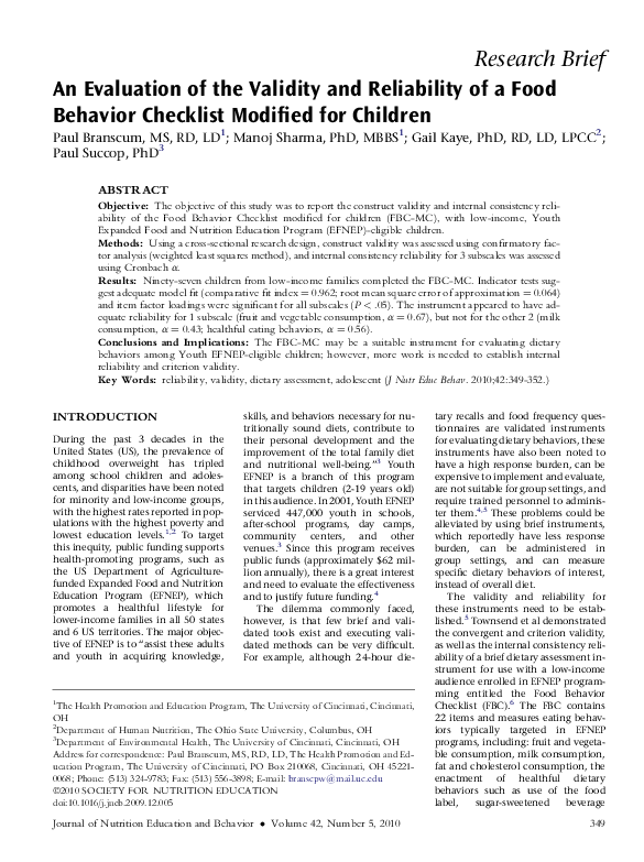 (PDF) An Evaluation of the Validity and Reliability of a Food Behavior ...