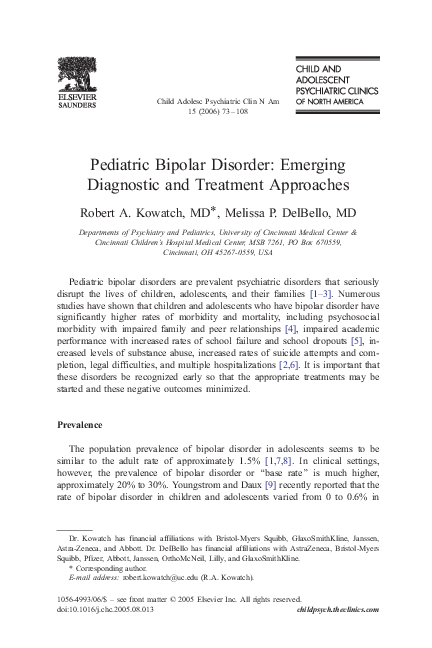(PDF) Pediatric Bipolar Disorder: Emerging Diagnostic and Treatment Approaches | Robert Kowatch ...